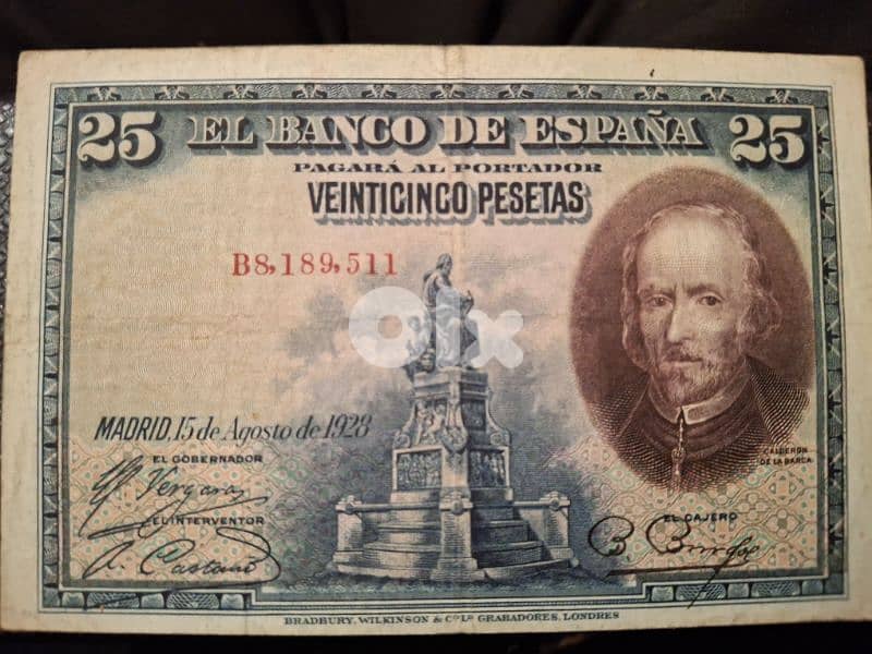 ورقة نقدية من فئة 25 بيزيتا إسبانية، صدرت في 15 أغسطس 1928. - Antiques ...